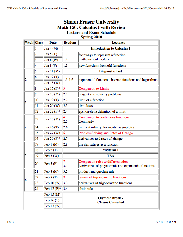 150 Lecture Schedule - 1